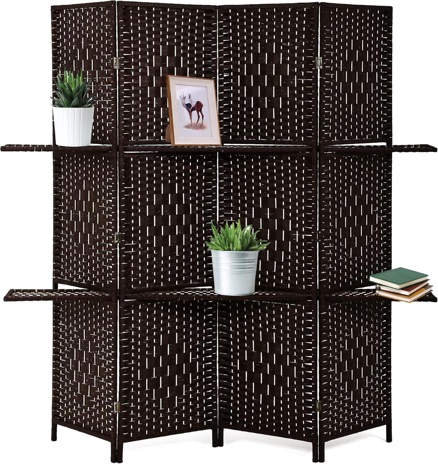 4-Panel Wooden Room Divider with Removable Storage Shelves - Portable ...