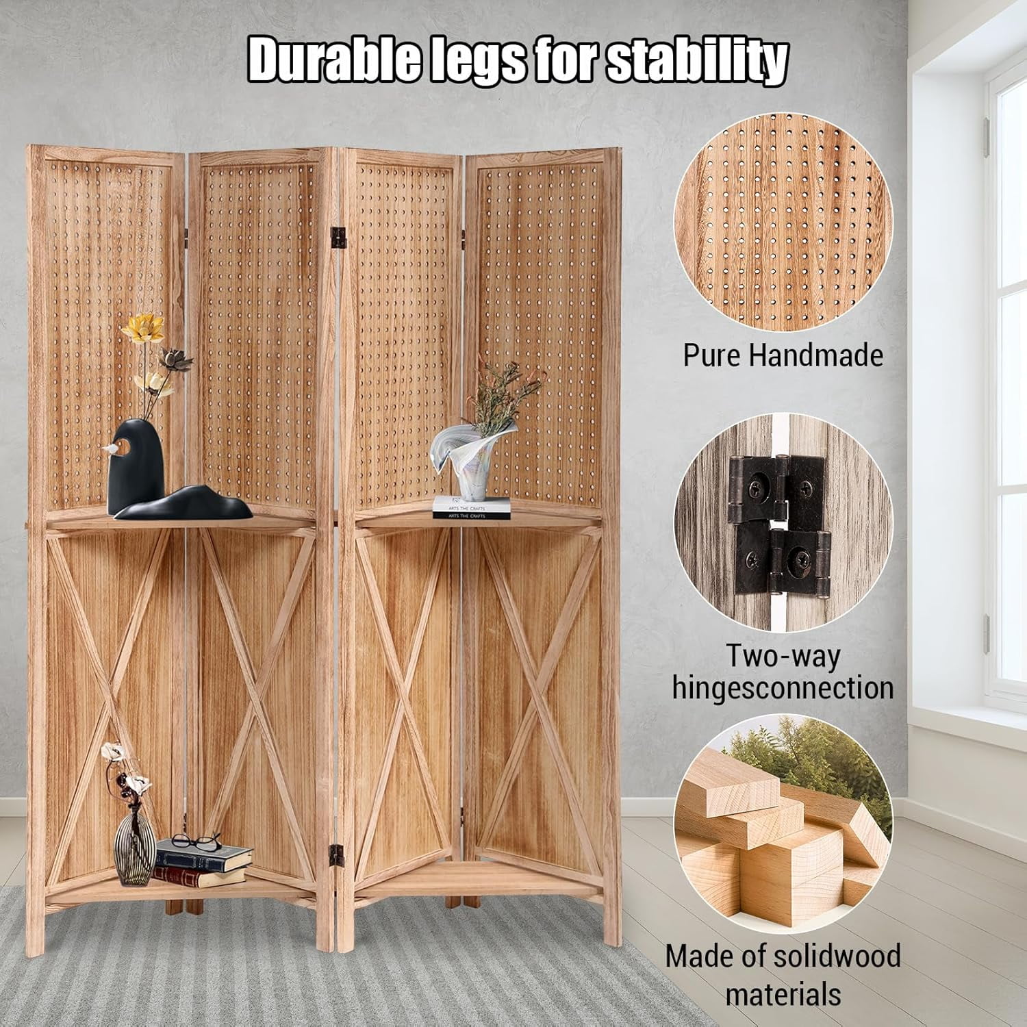 4-Panel Wooden Room Divider with Shelves & Holes - 67 Inch Tall Privacy ...