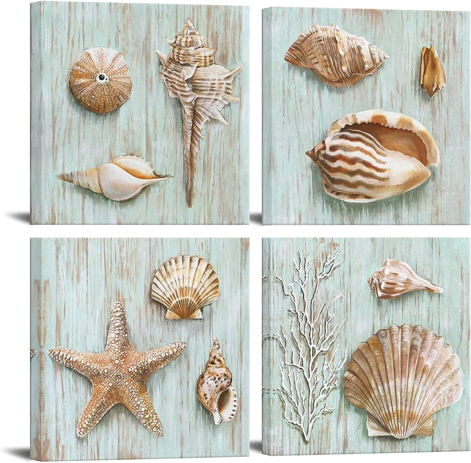 4 Panels Beach Canvas Wall Art Seashell Starfish Counch Home Decor ...
