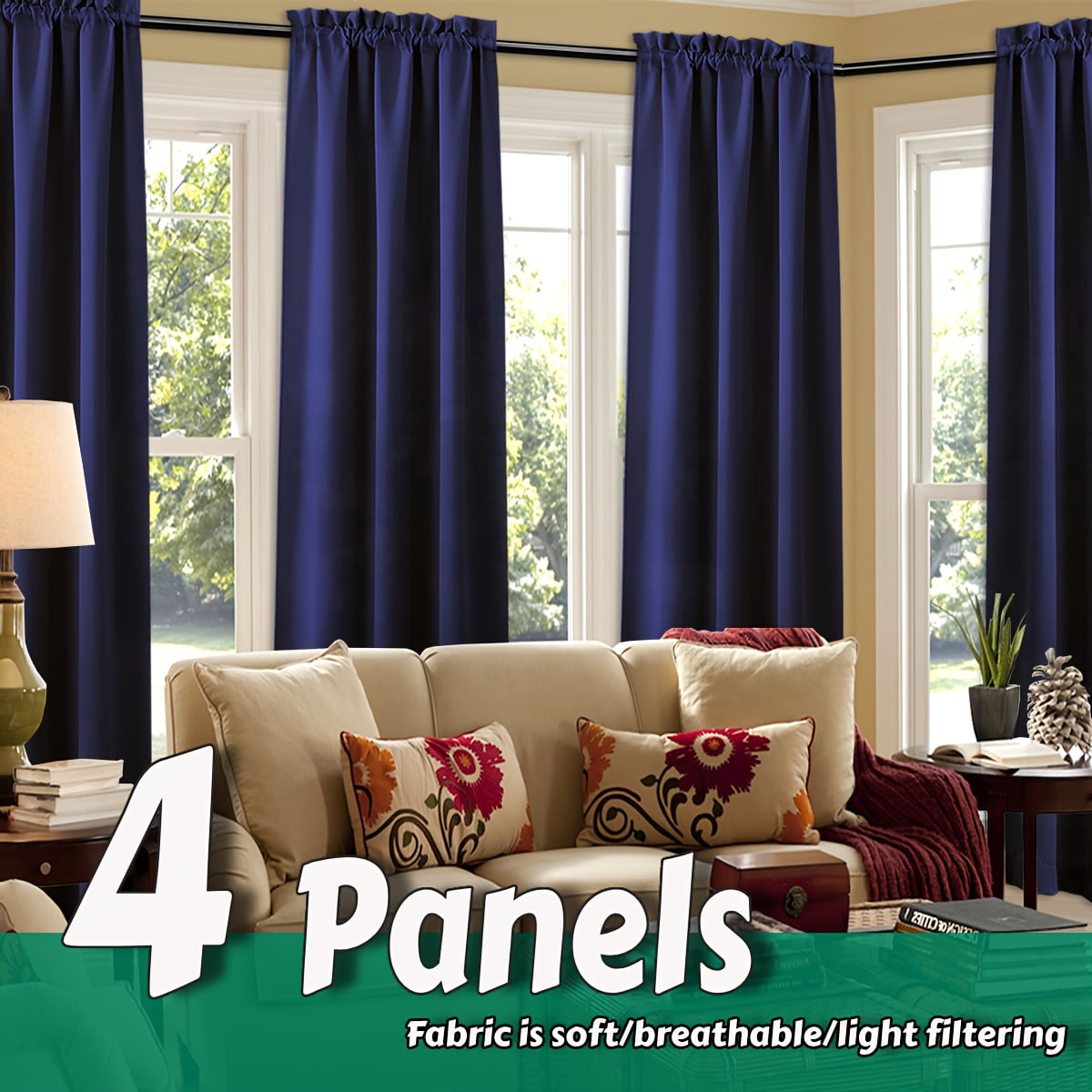 4 Panels Curtains, Solid Color Simple Rod Pocket Light Filtering ...