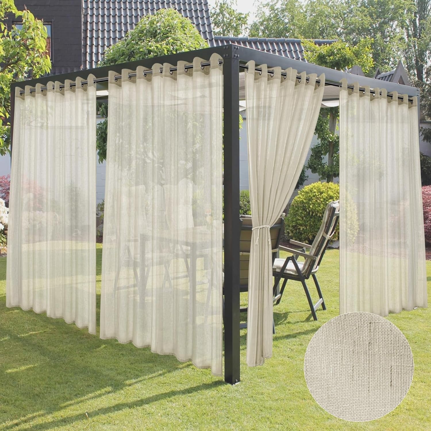 4 Panels Natural Linen Outdoor Sheer Curtains for Patio Waterproof ...