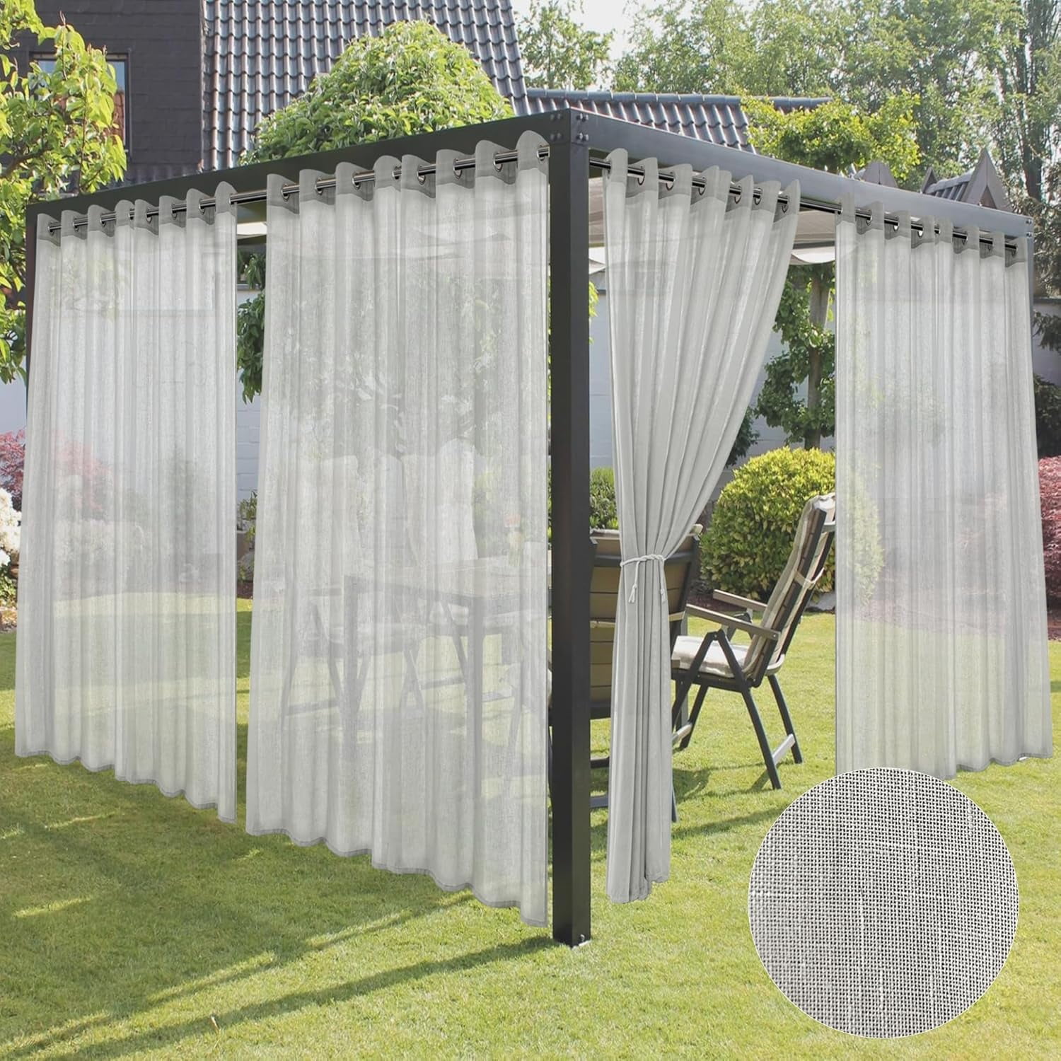 4 Panels Outdoor Grey Sheer Curtains for Patio Waterproof 110x95 Inch ...