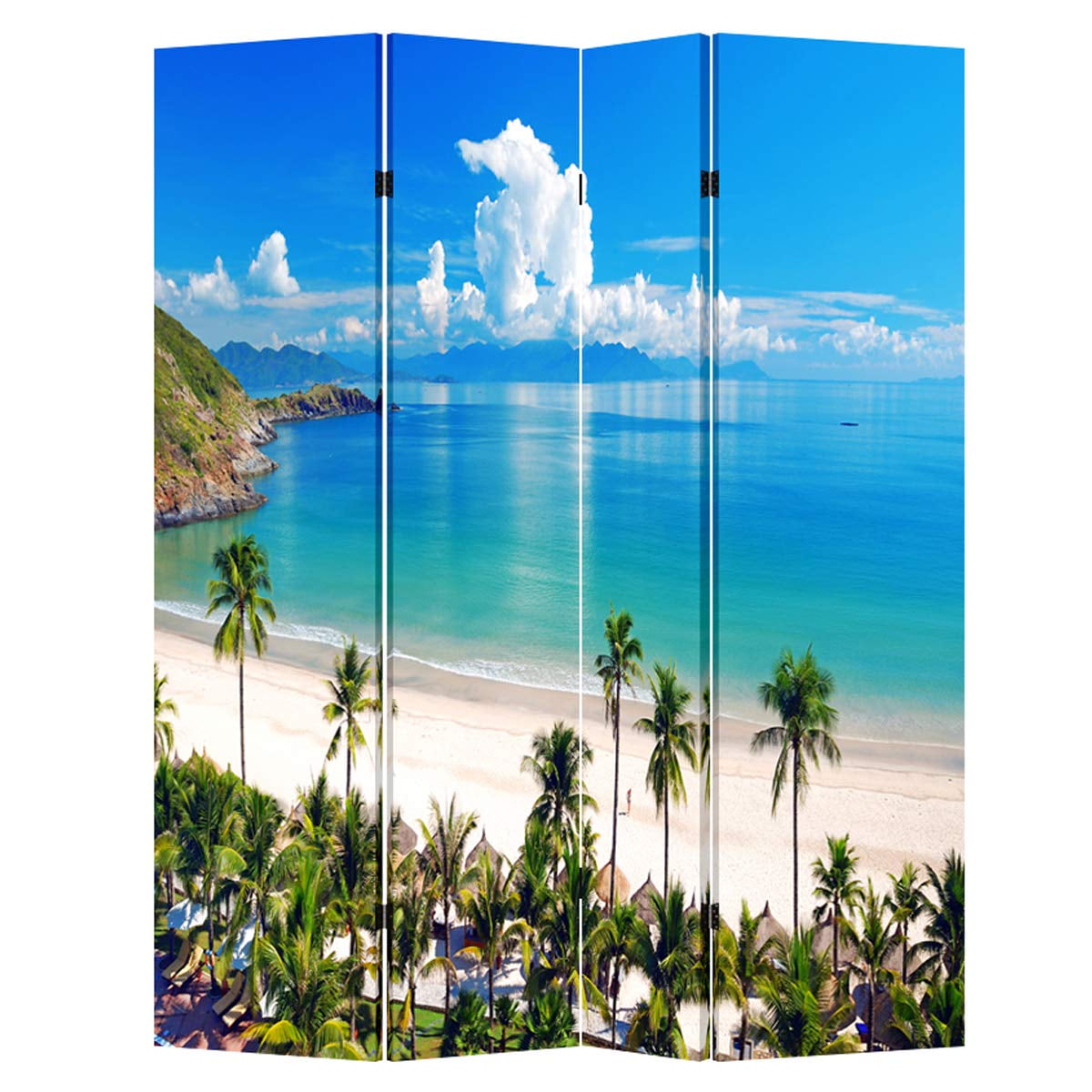 4 Panels Privacy Screen Room Divider Partition with Beach Hut Canvas ...