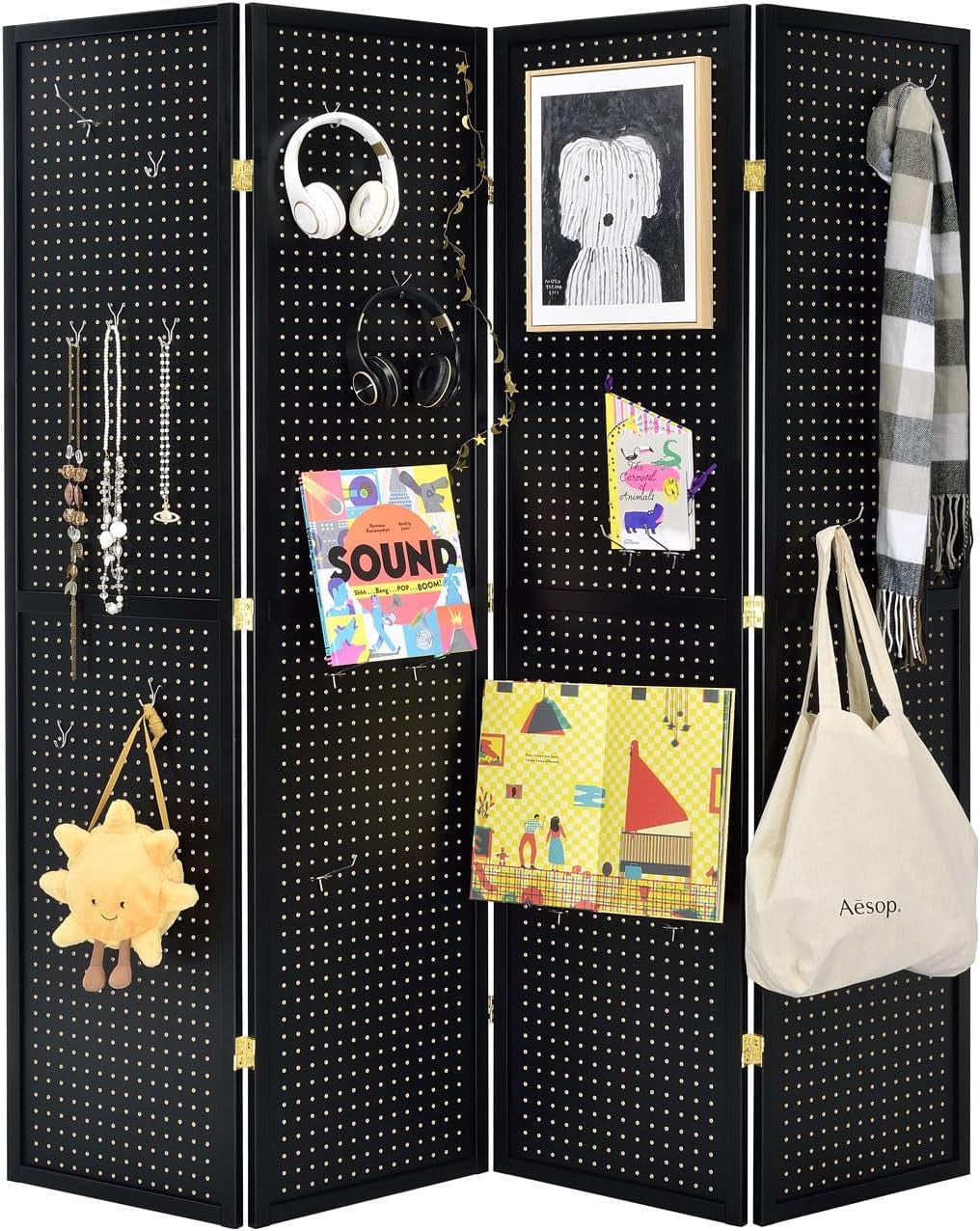 4 Panels Room Divider Folding Screen Pegboard Insert Black Color 71 ...