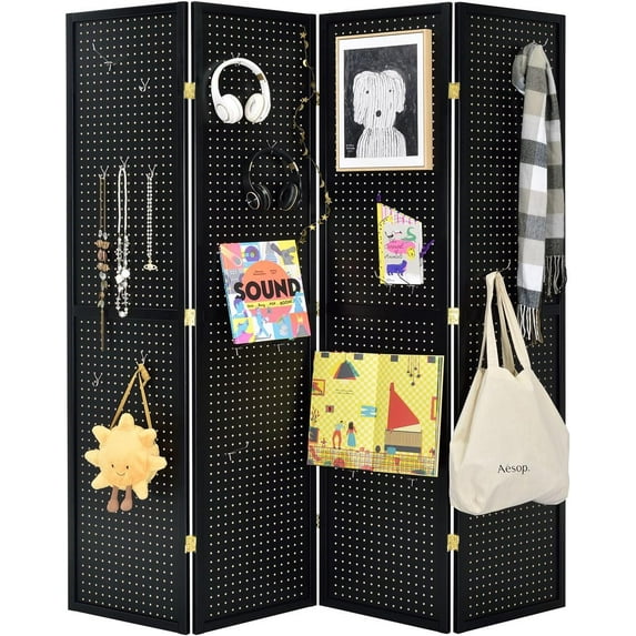4 Panels Room Divider Folding Screen Pegboard Insert Black Color 71 ...