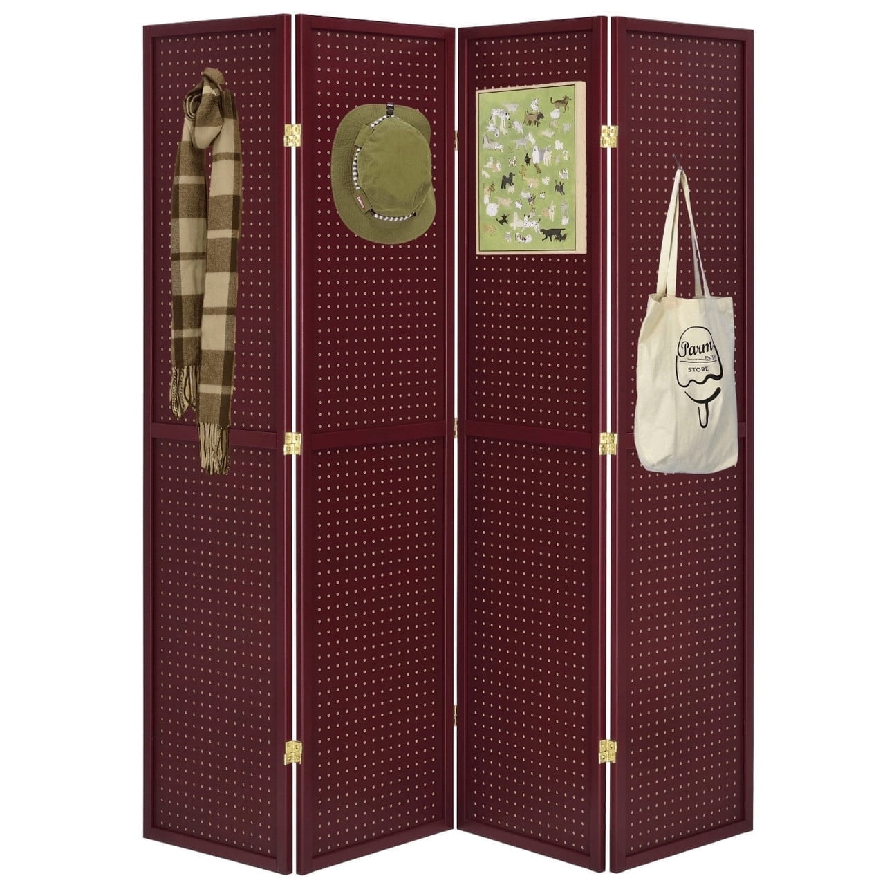 4 Panels Room Divider Folding Screen Pegboard Insert Red Color 71' High ...