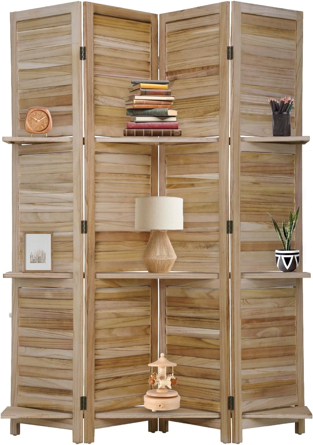 4 Panels Room Divider,Privacy Wooden Screenwith Shelves,Room Separators ...