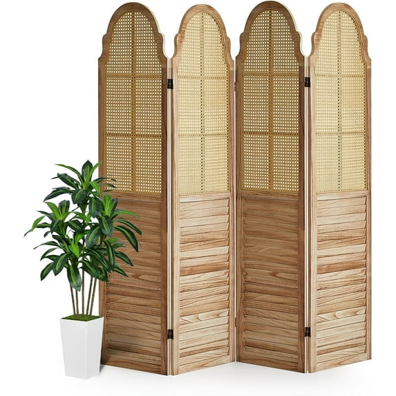 4 Panels Room Divider Wall, Rustic Rattan Room Divider, Wood Folding ...