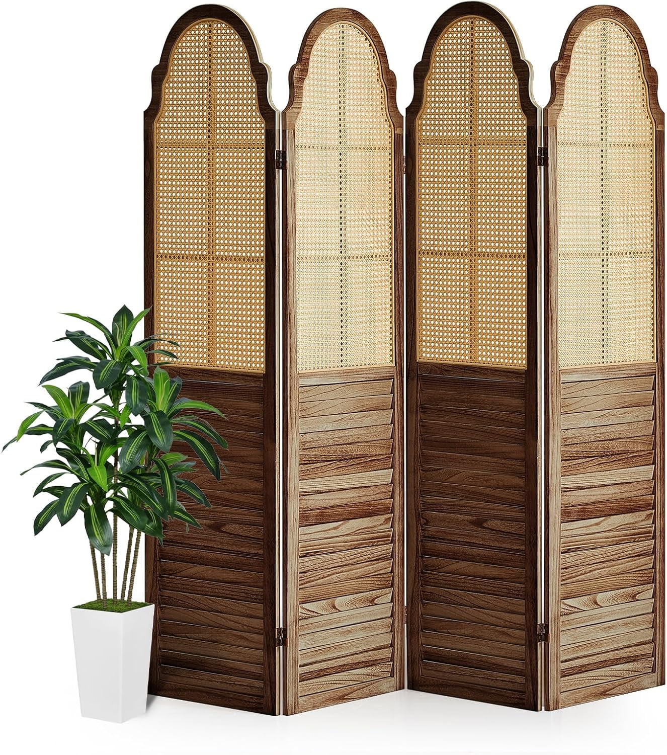 4 Panels Room Divider Wall, Rustic Rattan Room Divider, Wood Folding ...