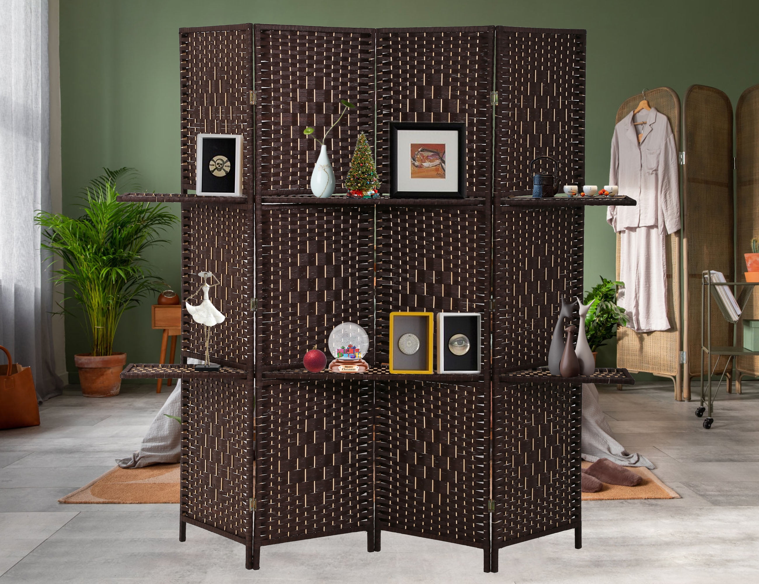 4 Panels Room Dividers with 2 Removable Storage Shelves Folding ...
