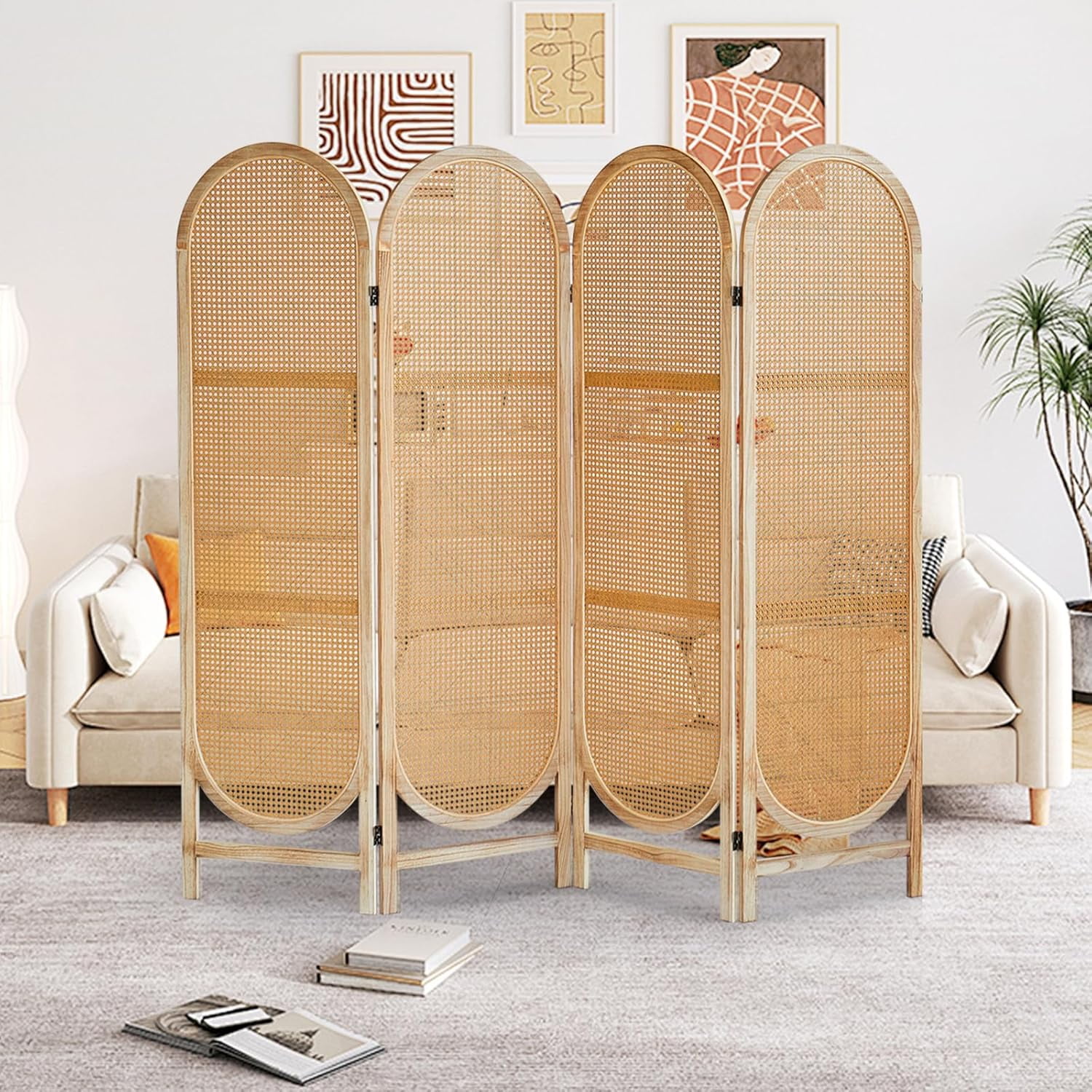 4 Panels Room Dividers and Folding Privacy Screens, Hand-Woven Rattan ...