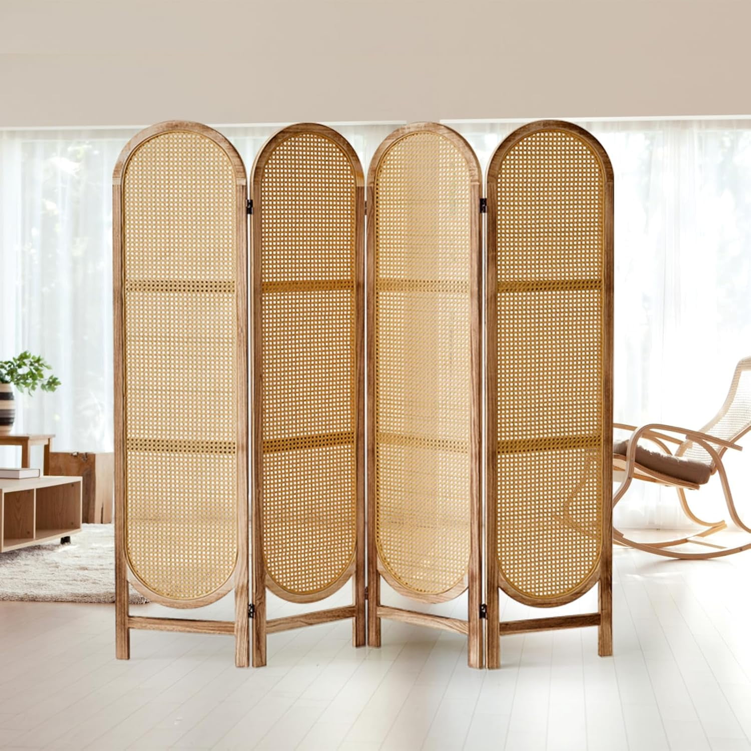 4 Panels Room Dividers and Hand-Woven Rattan Room Divider Wall, Wood ...