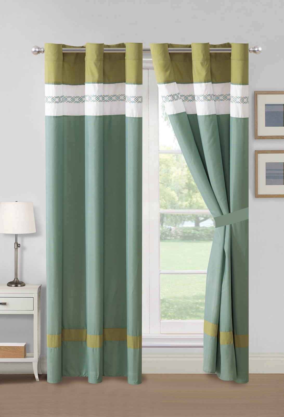 4-Pc Alexis Embroidery Diamond Geometric Curtain Set Sea Green Sage ...