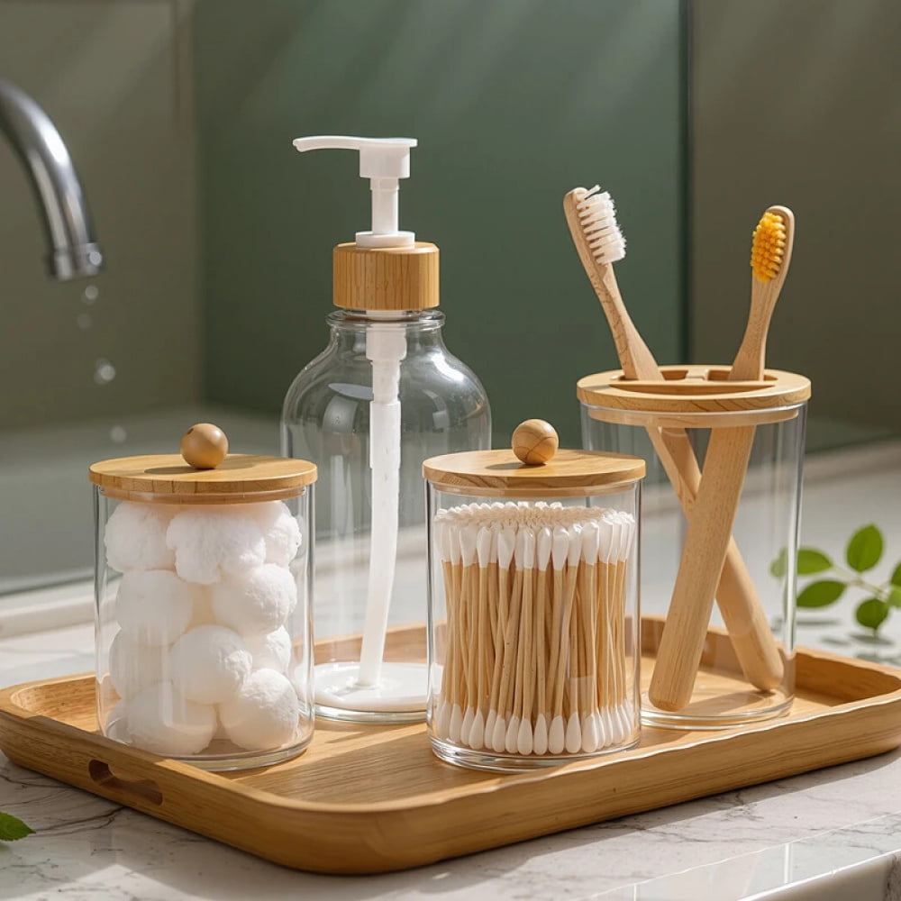 4-Pc Bathroom Set Acrylic Soap Dispenser Toothbrush Cup Cotton Swab Jar ...