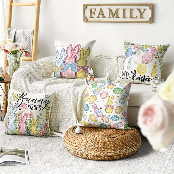 4 Pc Happy Easter Plush Printed Pillowcases Bunny Carrot Design Sofa ...