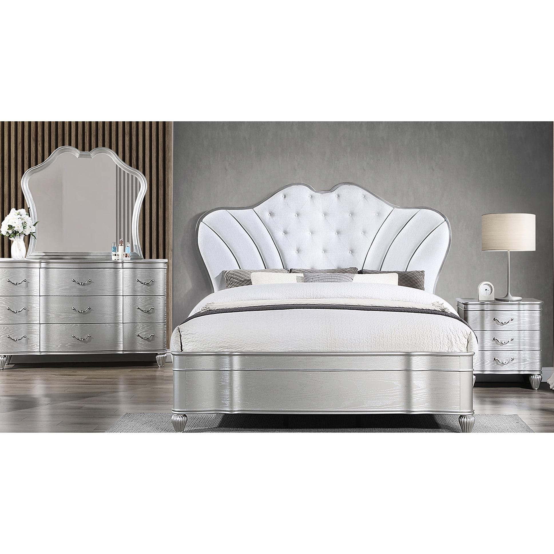 4 Pc King Bedroom Collection - Upholstered Bed & Decorative Details Array Curved Front Dresser ...