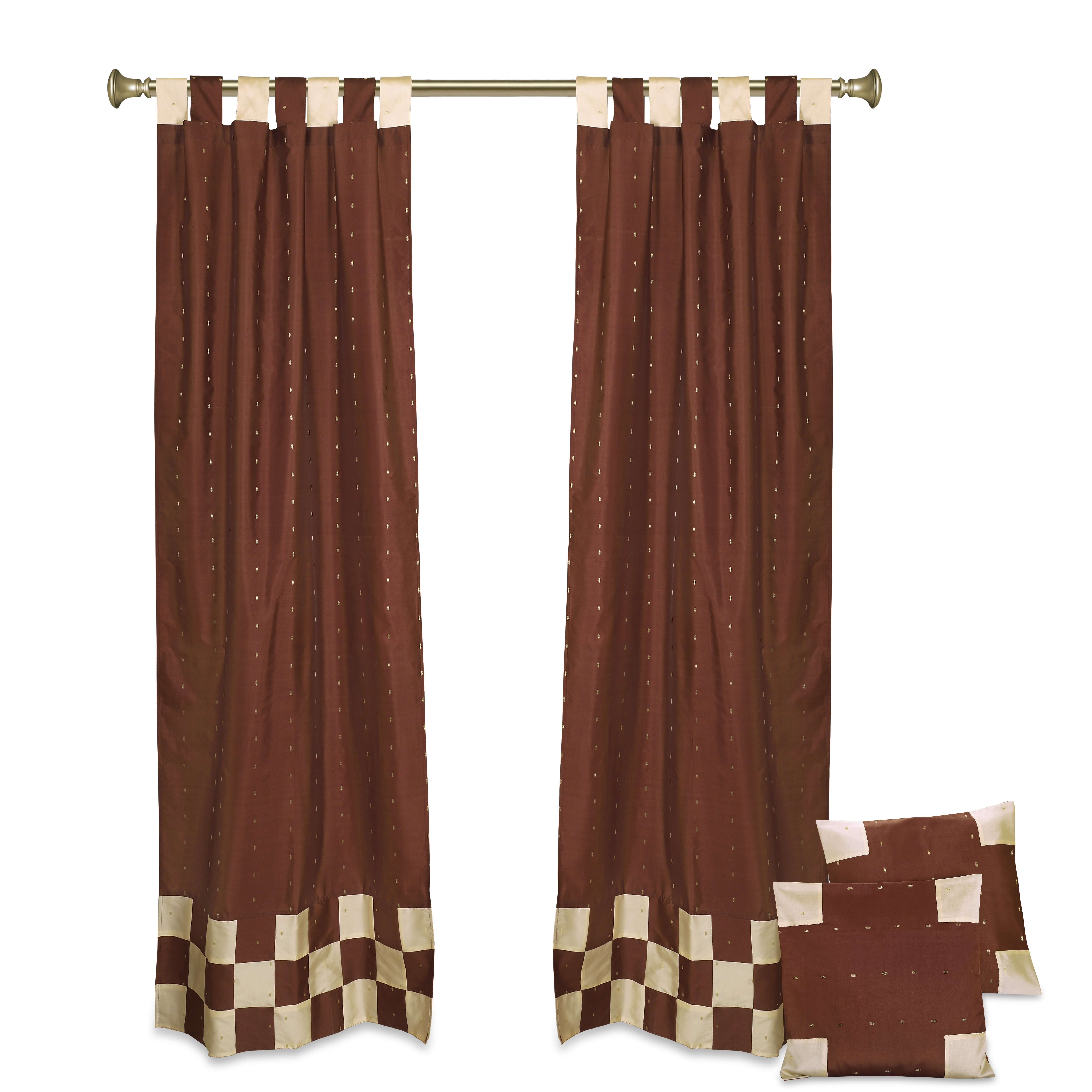 4 Pc Set Indian Sari Curtains & Cushion Covers - Boho Tab Top - Brown ...
