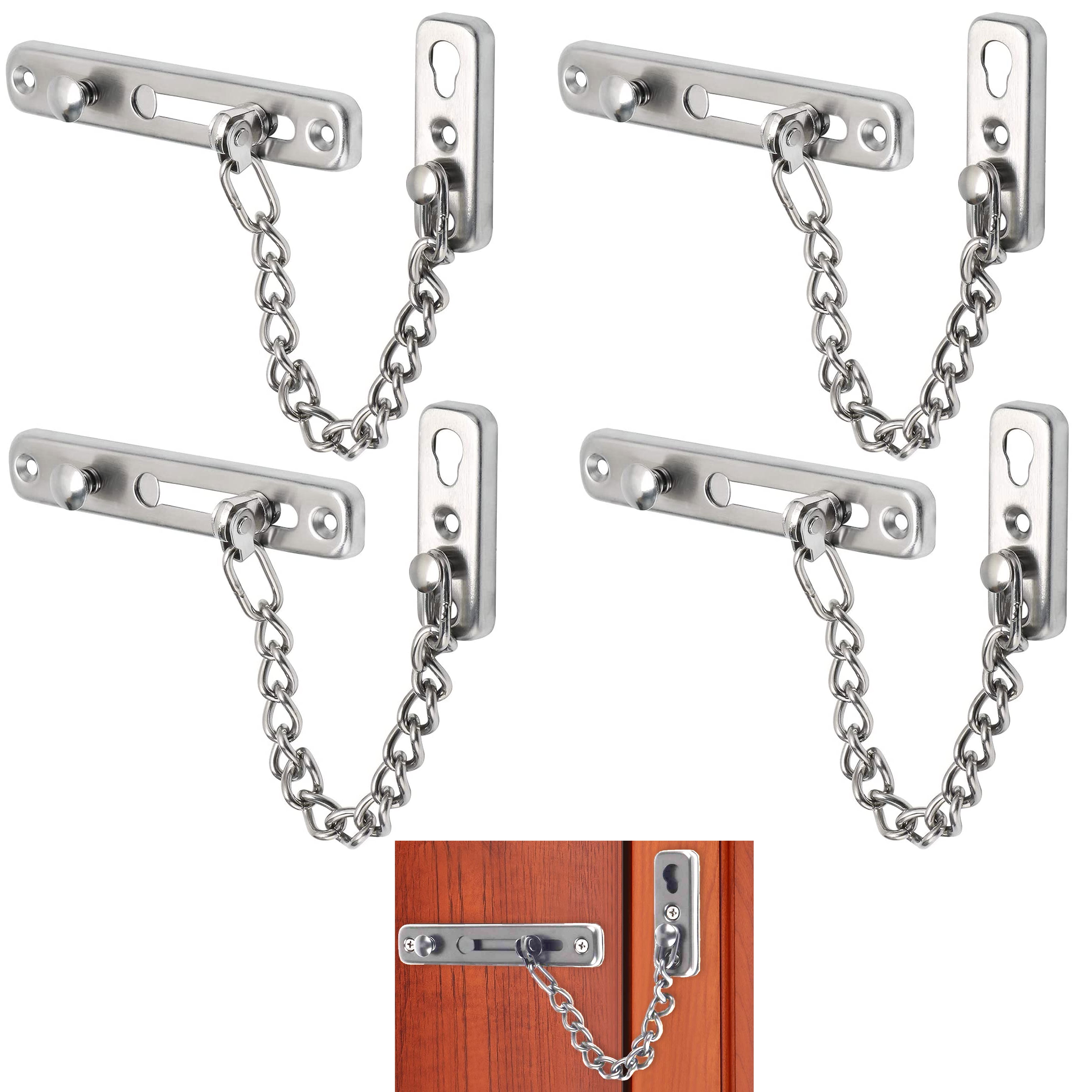 4 Pc Silver Door Guard Chain Bolt Latch Slide Lock Home Security Steel ...