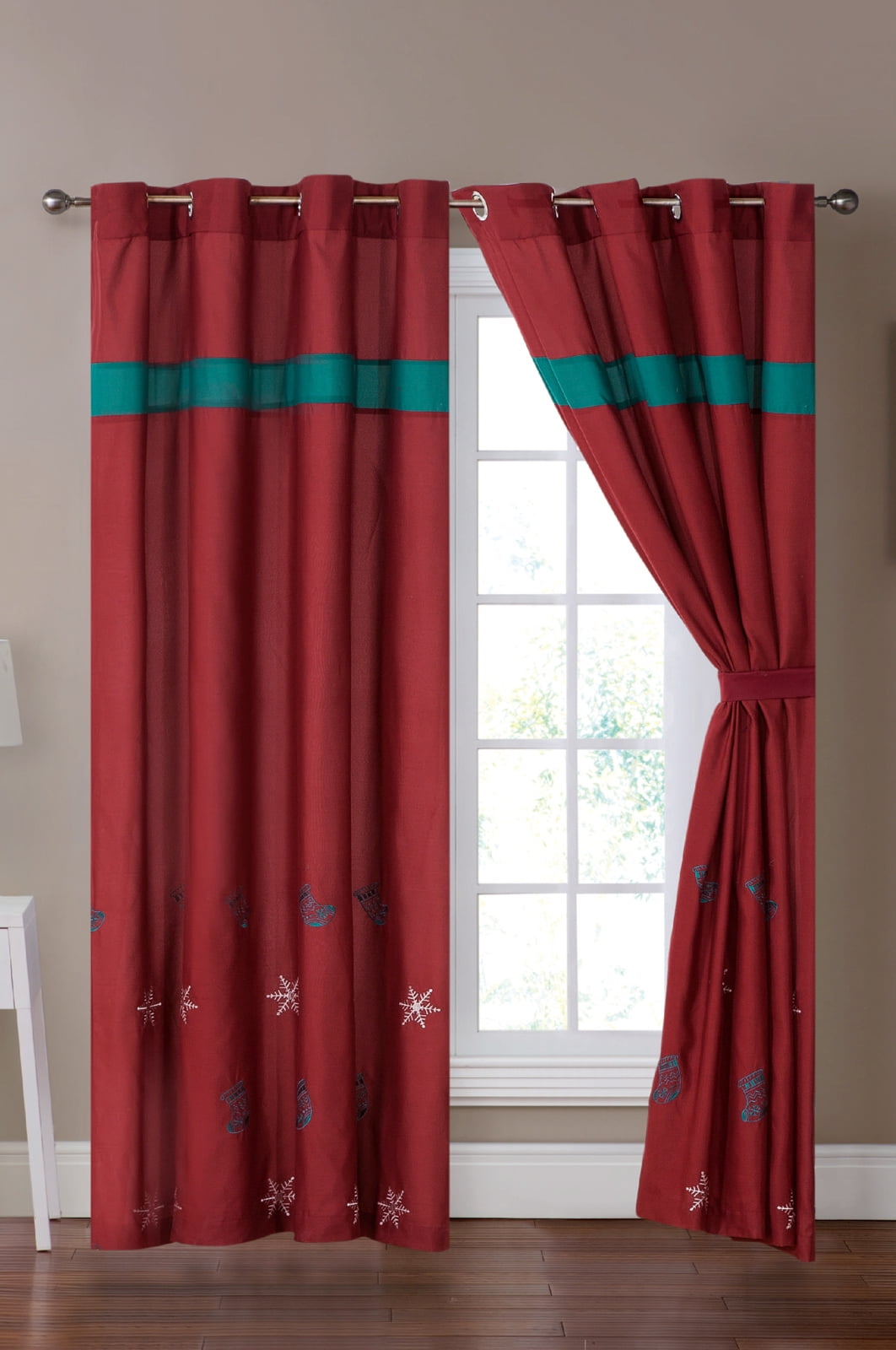 4-Pc Xmas Stocking Snowflake Embroidery Curtain Set Burgundy Red Teal ...