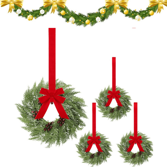 4 Pcs 10in Small Christmas Norfolk Wreaths, Evergreen Mini Wreaths with ...