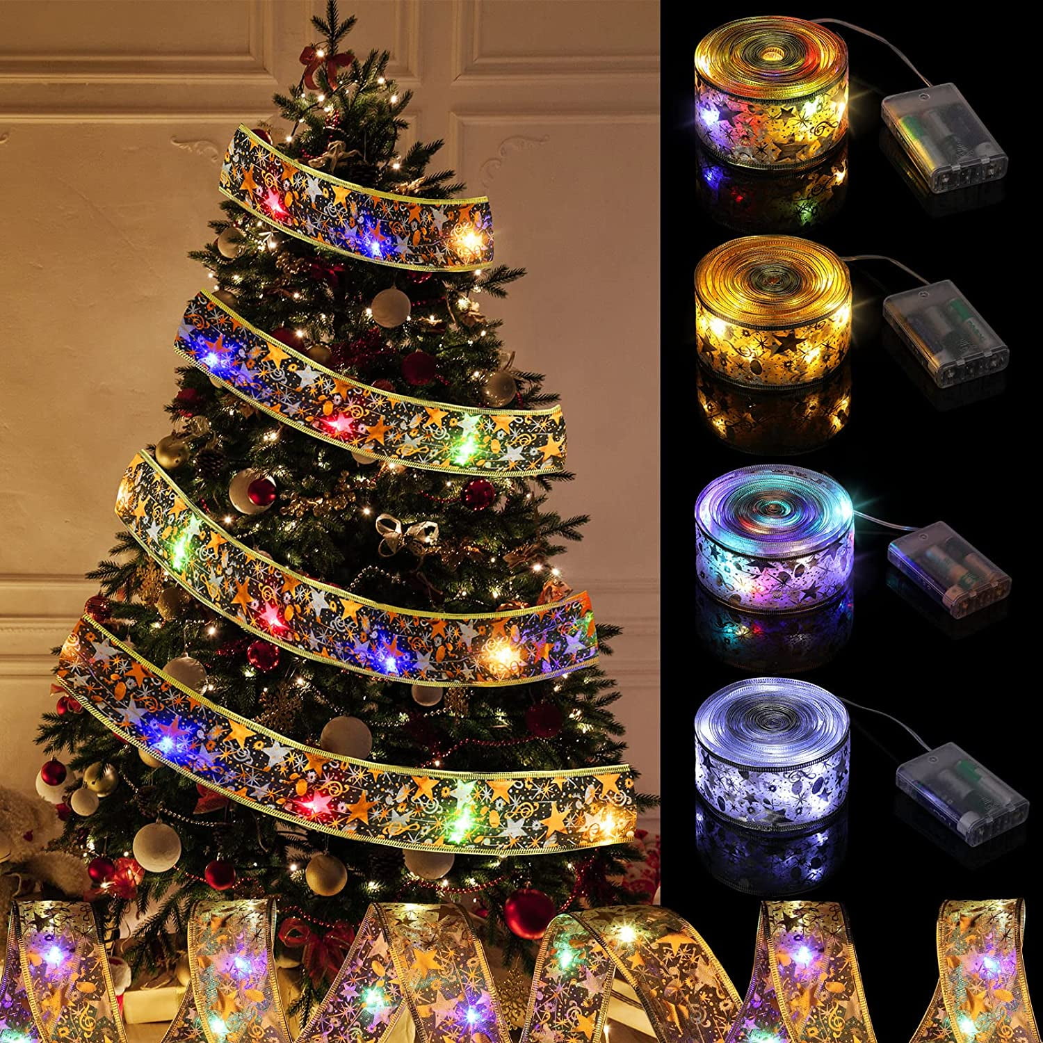 4 Pcs 16.4ft Christmas Ribbon Lights Battery Operated Fairy 50 LED ...