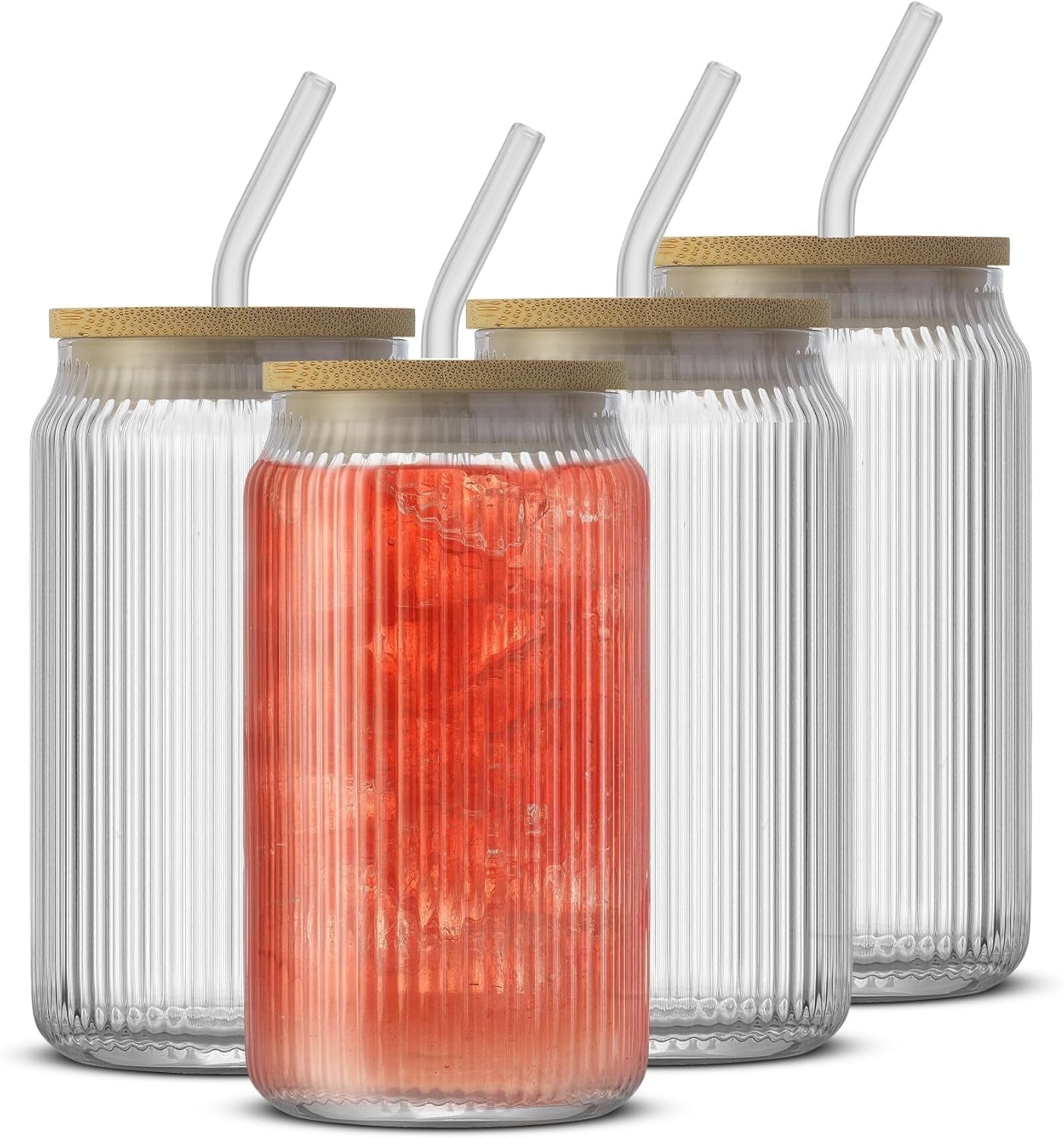 4 Pcs 16 Oz Cup with Lids and Straws, Ribbed Can Shaped Drinking ...