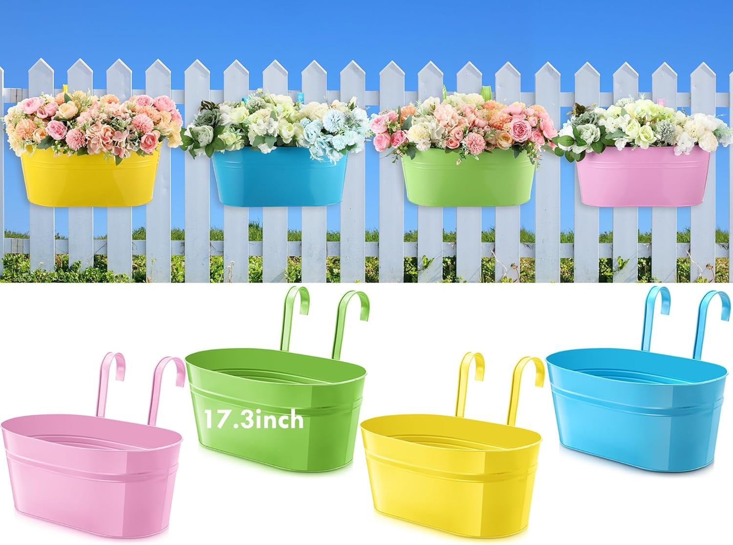 4 Pcs 17.3 Inch Large Metal Iron Hanging Flower Pots Outdoor Rail ...