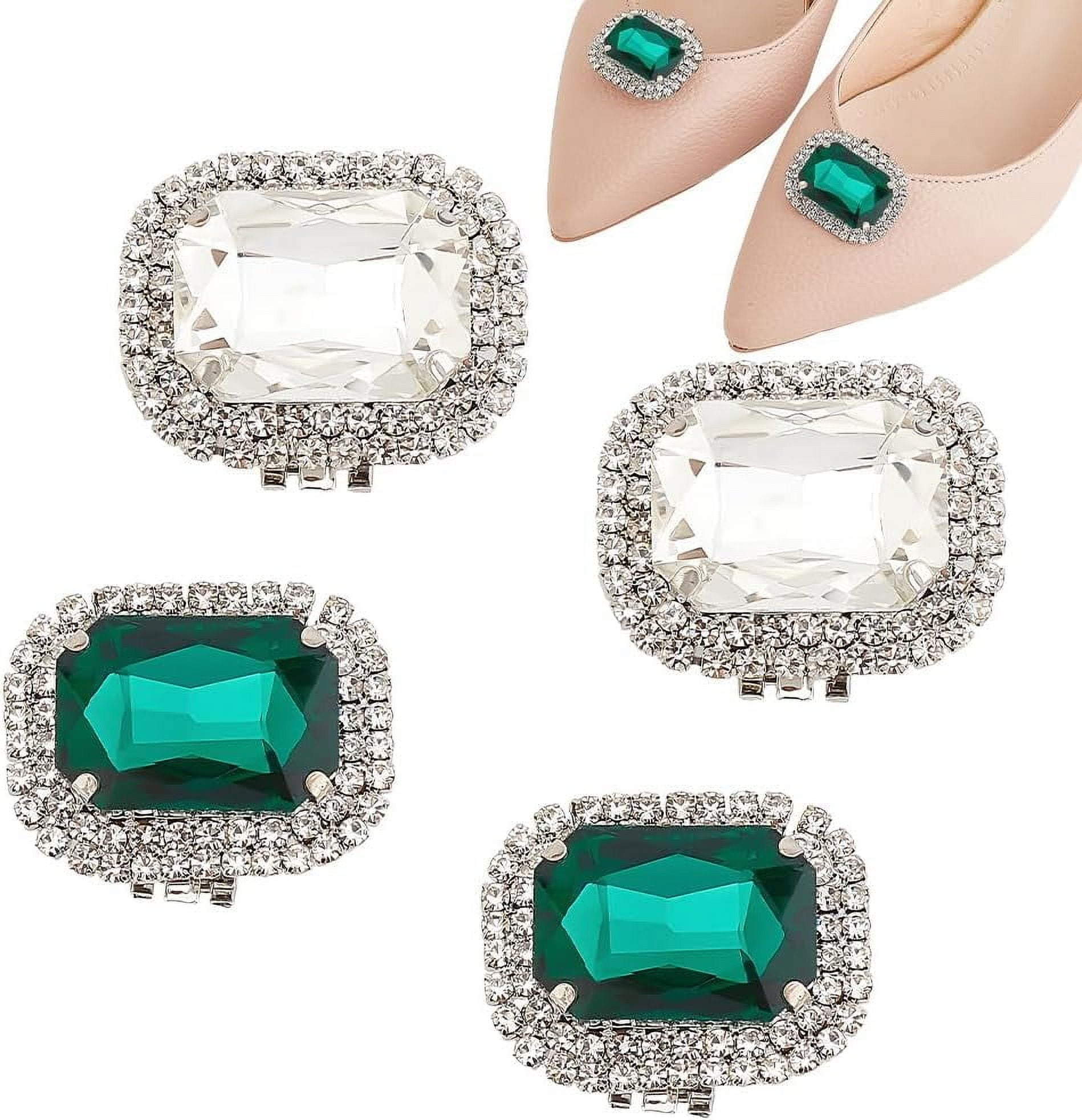 4 Pcs 2 Colors Glass Rhinestone Shoe Buckle Clips Silver & Emerald ...