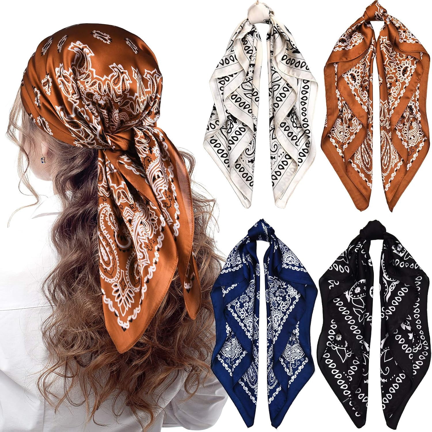 4 Pcs 27'' Square Silk Bandana Satin Head Scarves for Women Silk Like ...