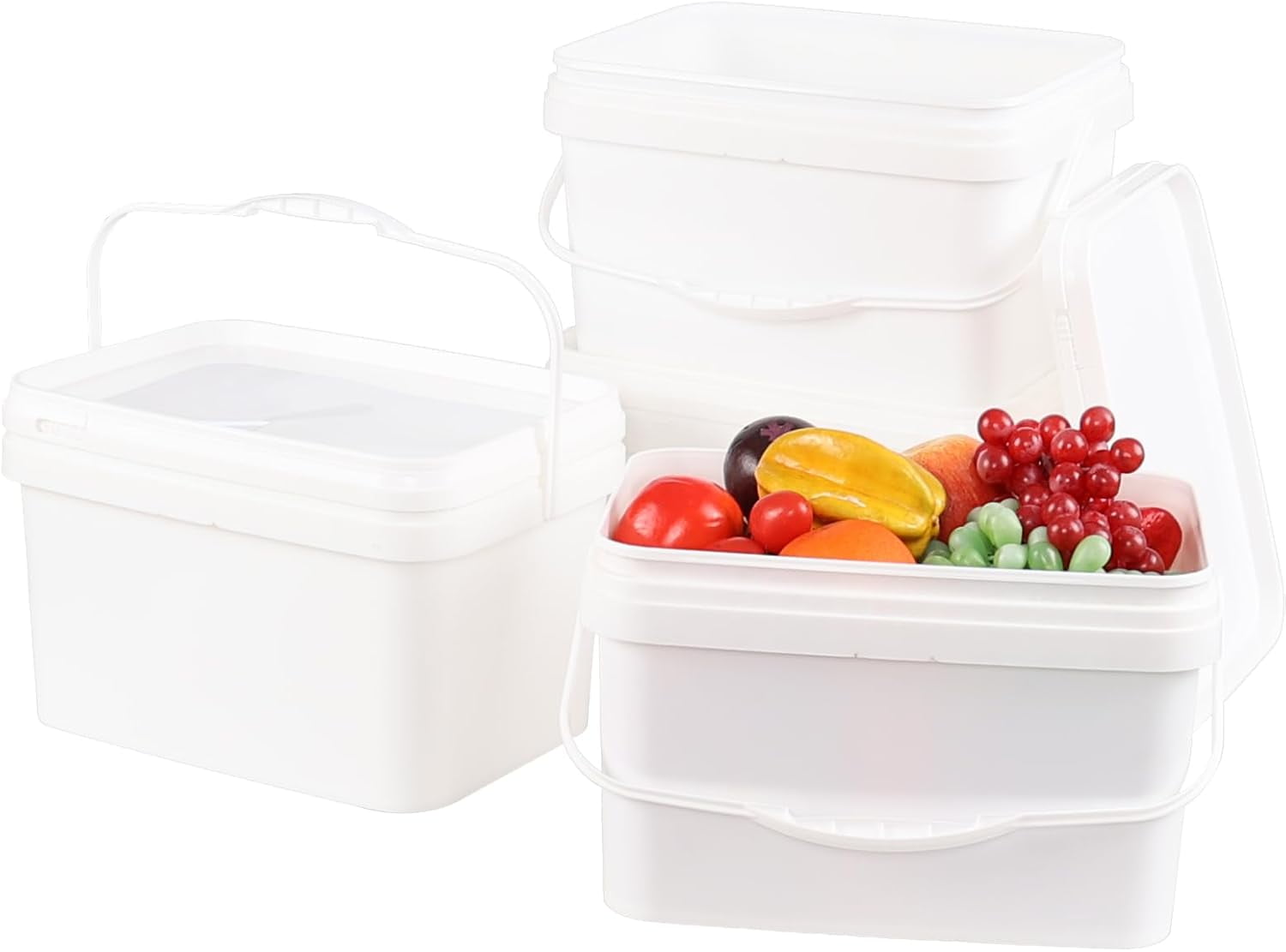 4 Pcs 3 Gallon Plastic Square Bucket with Lid and Handle, Rectangular White Bucket with Lid for ...