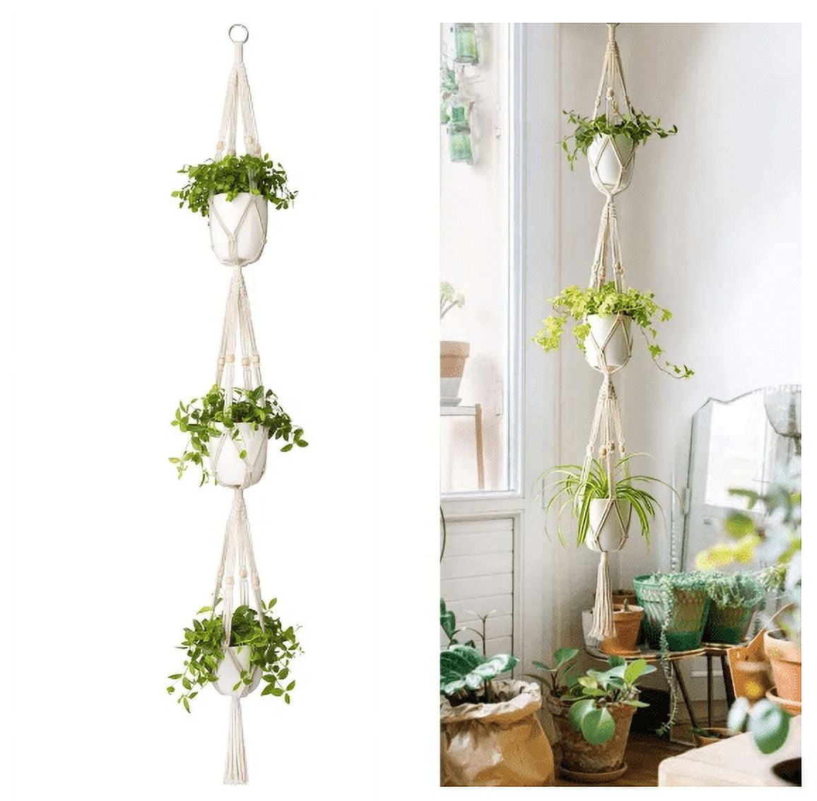 4 Pcs 3 Tier Hanging Planter Basket with Beaded Rope - Indoor Outdoor ...