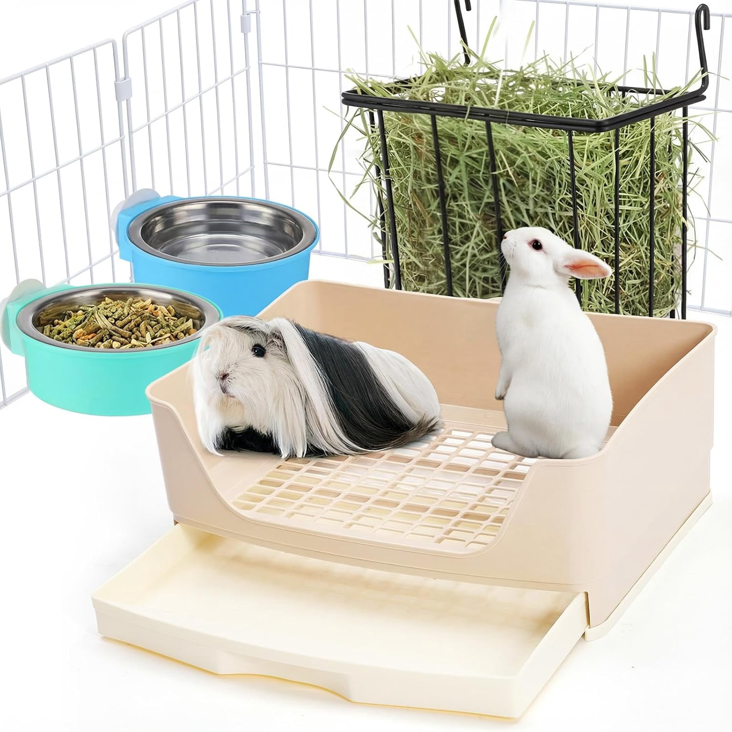 4 Pcs 4 in 1 Rabbit Hay Feeder with Litter Box 2 Hanging Bowl,Rabbit ...