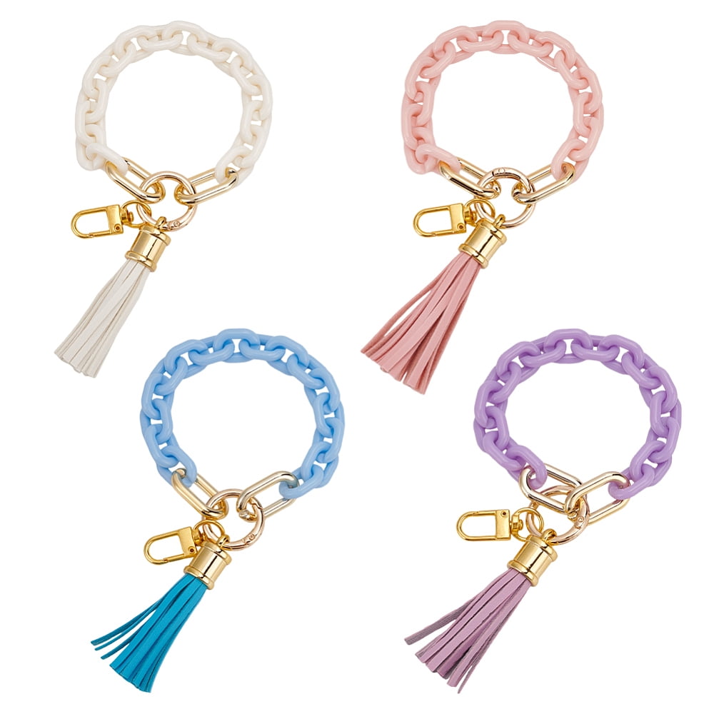 4 Pcs 4 Colors Chunky Chain Link Key Ring Leather Tassel Key Bracelets ...