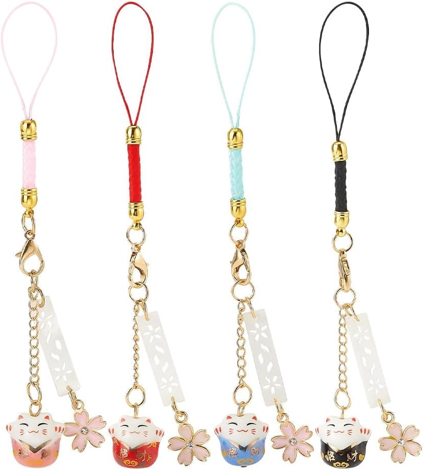 4 Pcs 4 Colors Sakura Lucky Cat Phone Charms Porcelain Lucky Cat ...