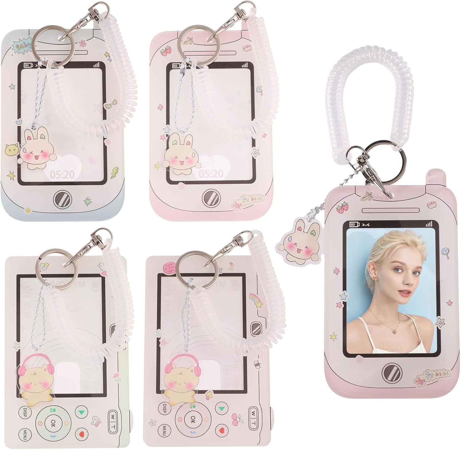 4 Pcs 4 Style Cartoon Photo Card Holder with Spiral Wrist Coil ID Card ...