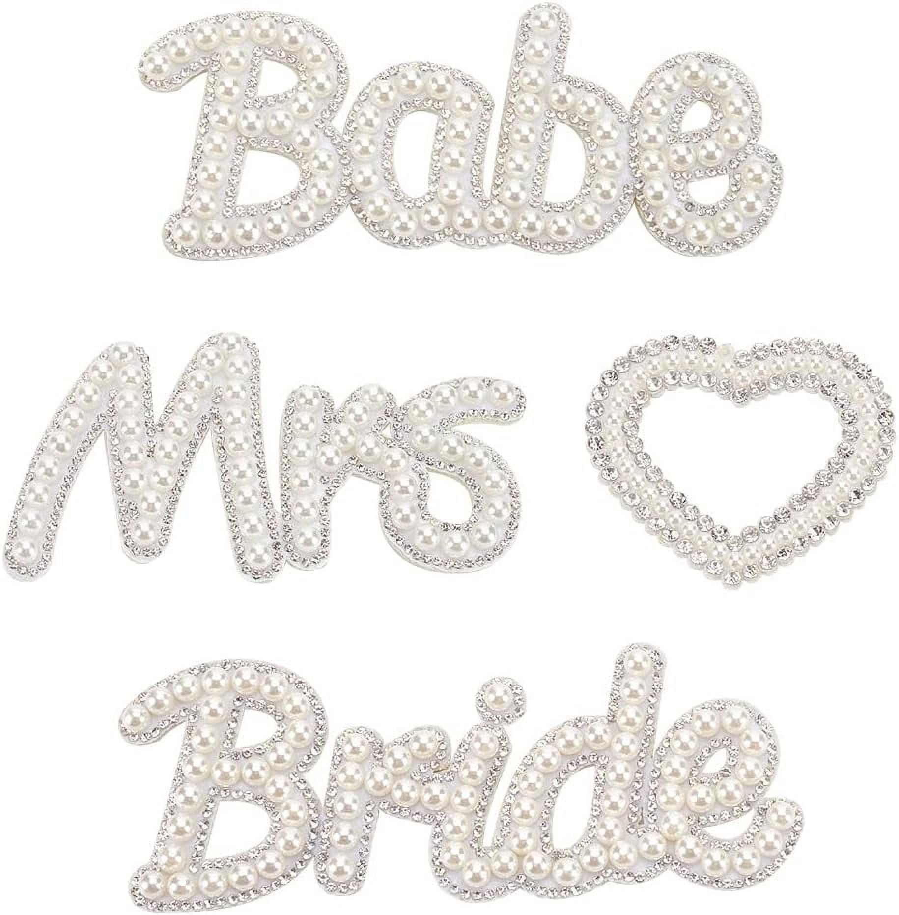 4 Pcs 4 Styles Bride Letter Pearl Patch Bride Mrs Babe Heart Iron on/Sew on Patches with Acrylic ...