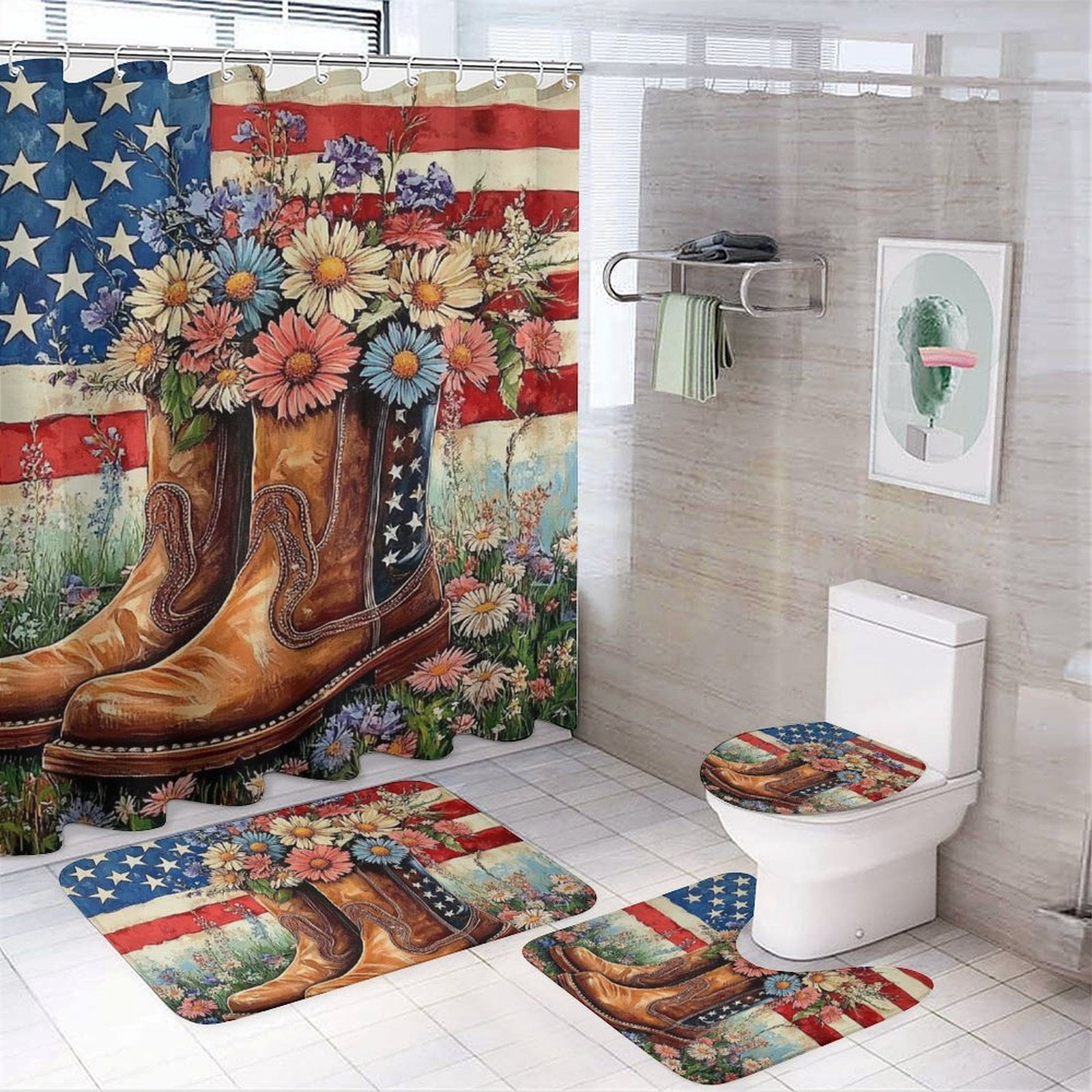 4 Pcs 4th of July Shower Curtains Set with Hooks Cowboy Boots ...