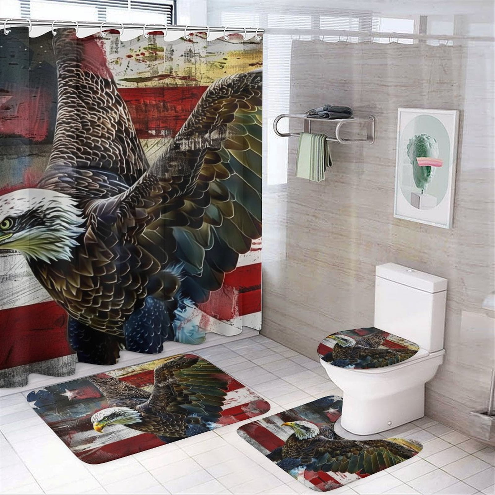 4 Pcs 4th of July Shower Curtains Set with Hooks Flying Eagle Painted ...