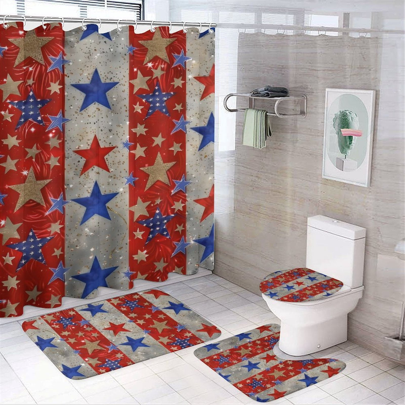 4 Pcs 4th of July Shower Curtains Set with Hooks Metallic Stars Stripes ...