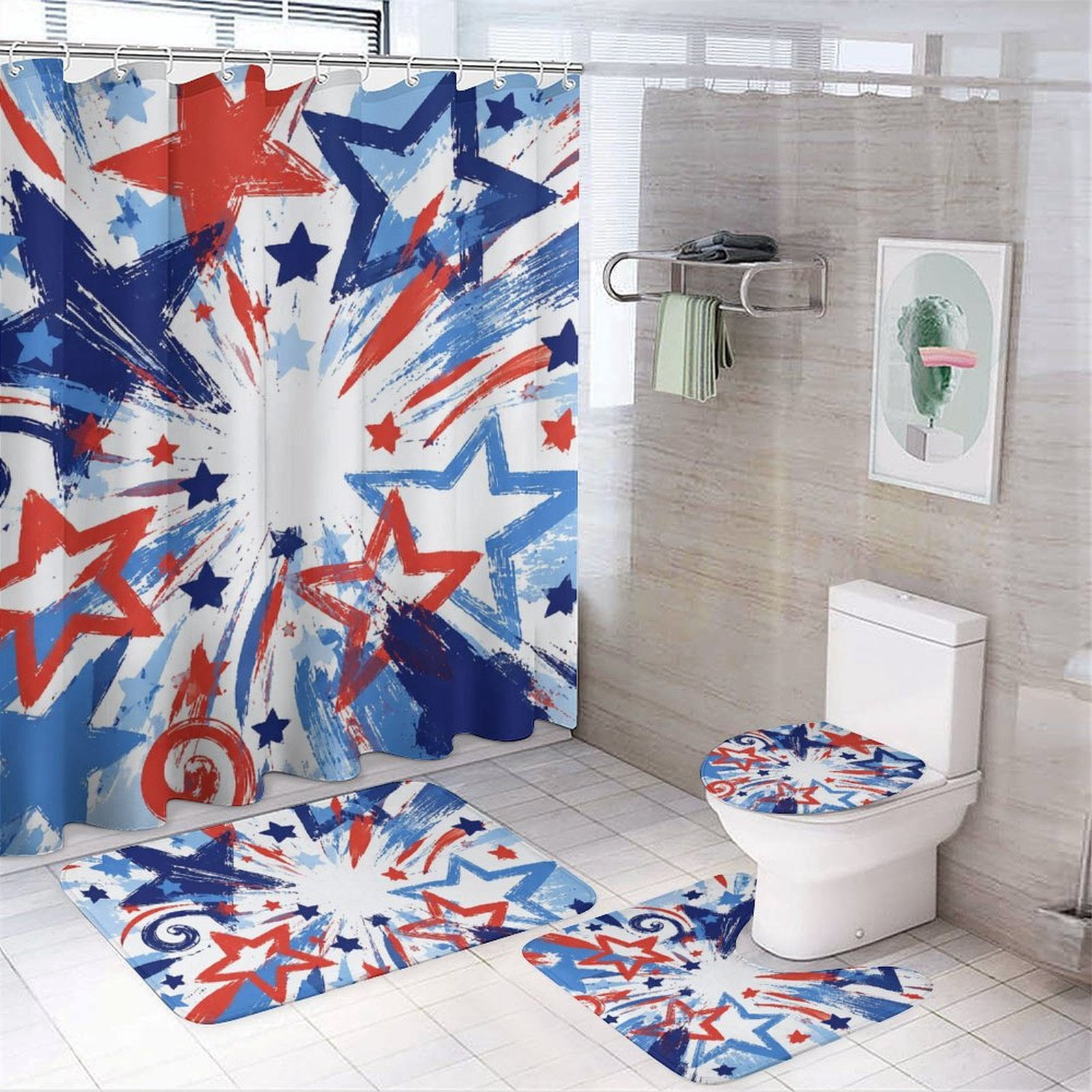 4 Pcs 4th of July Shower Curtains Set with Hooks Patriotic Starburst ...