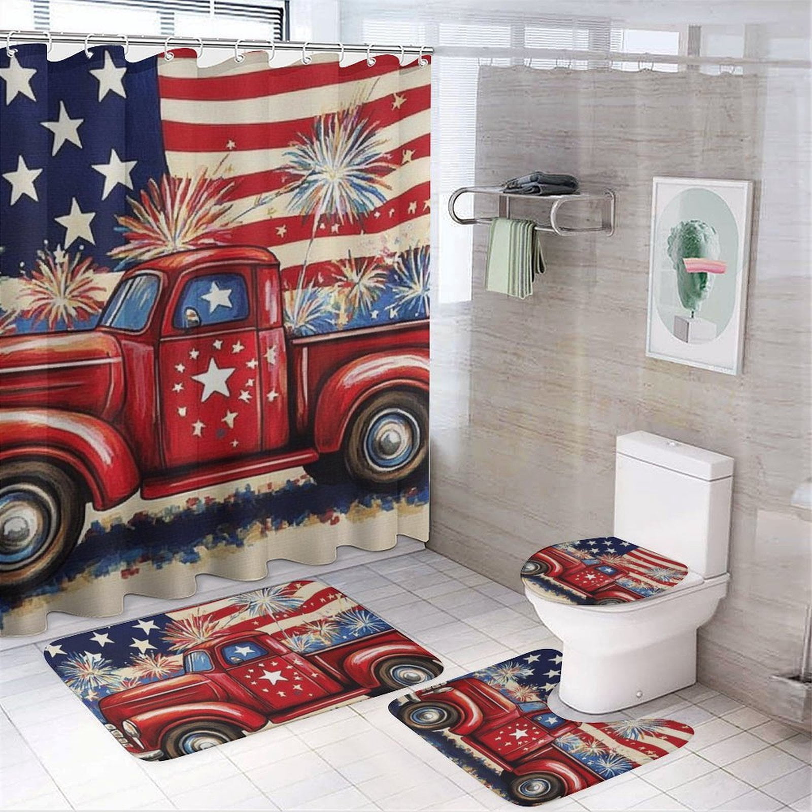 4 Pcs 4th of July Shower Curtains Set with Hooks Red Truck Fireworks ...