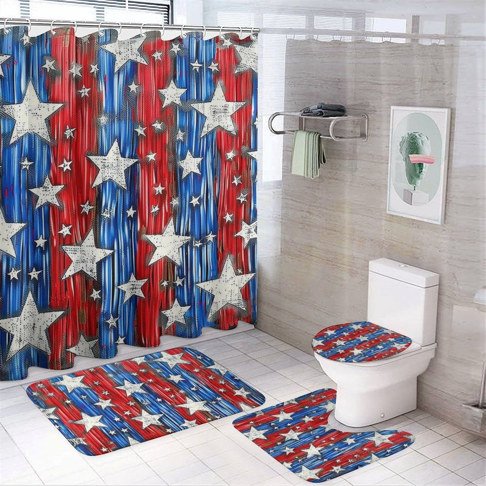4 Pcs 4th of July Shower Curtains Set with Hooks Vertical Stripes with ...