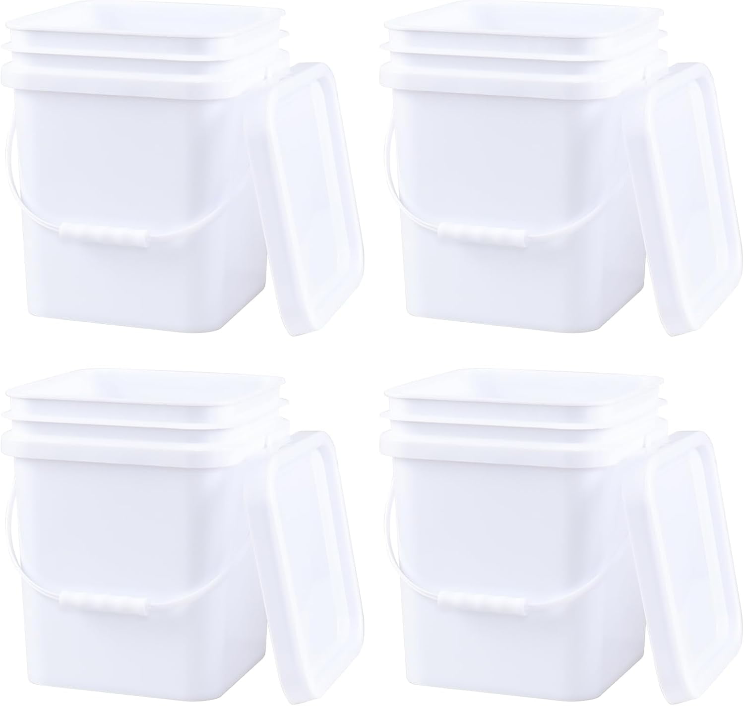 4 Pcs 5 Gallon Square Bucket, White Plastic Buckets with Handles, Snap ...