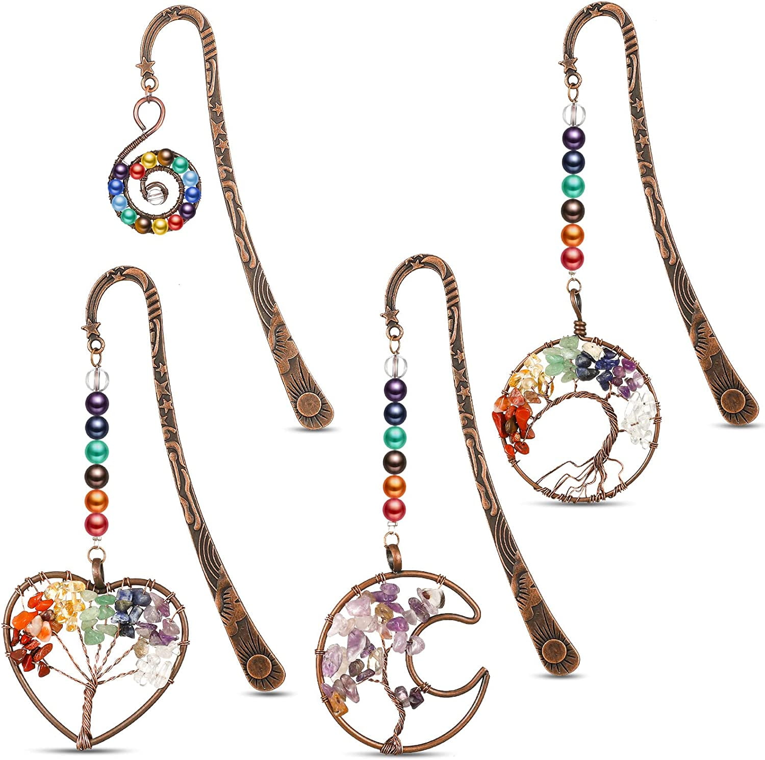 4 Pcs 7 Chakra Crystal Bookmark Antique Copper Metal Bookmark Beading ...