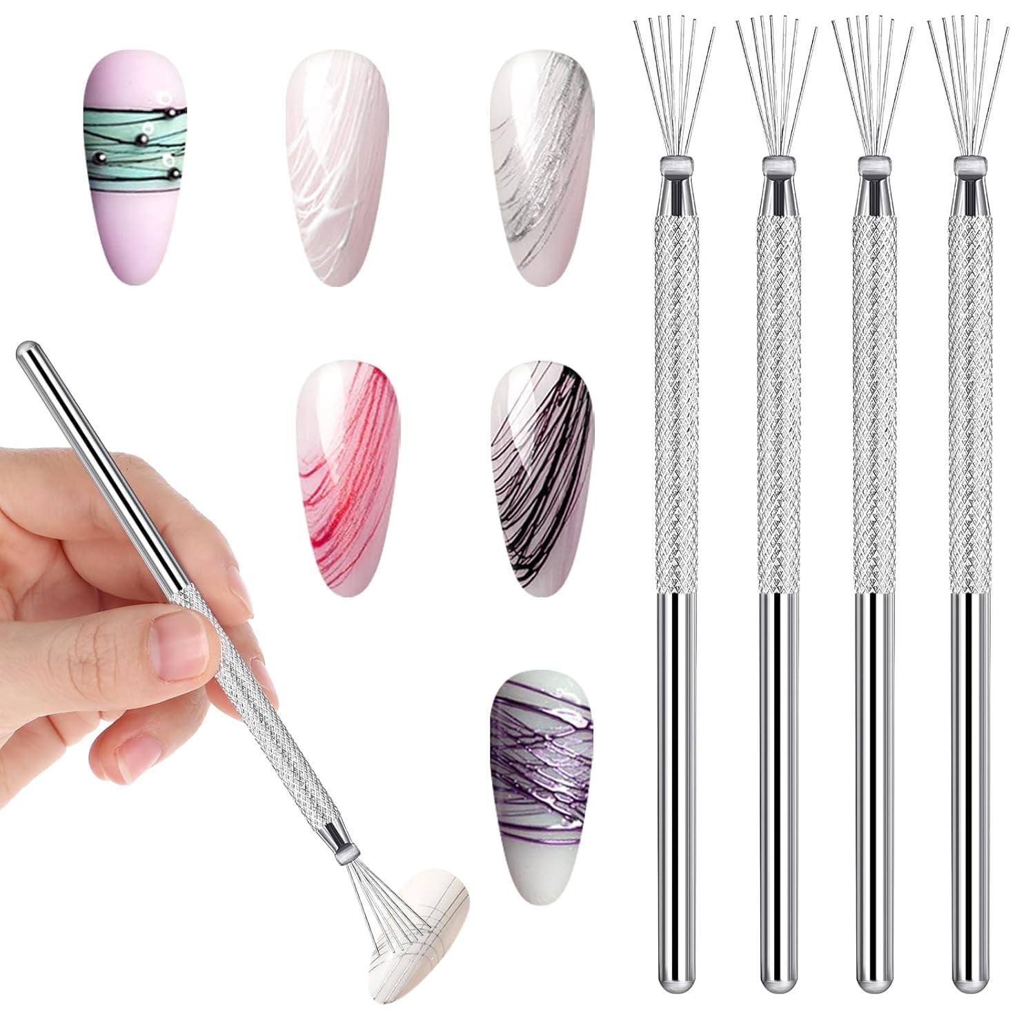 4 Pcs 7 Pin Nail Liner Art Brush, Stainless Steel Stripe Lines Nail Art ...