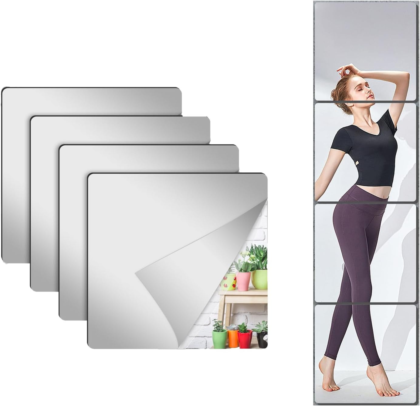 4 Pcs 8 x 8 Inch Self Adhesive Acrylic Square Mirror and 4 Pcs 12 x 16 ...