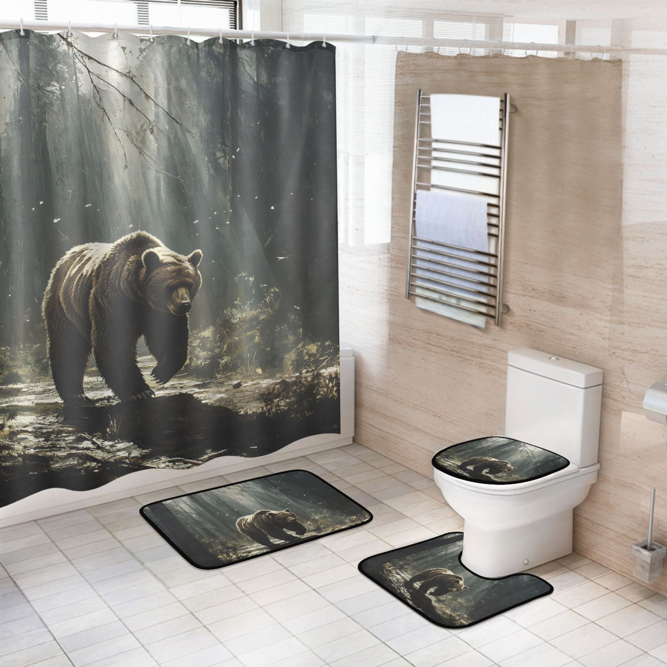 4 Pcs A Big Bear in Forest Bathroom Shower Curtain Set with 12 Hooks ...