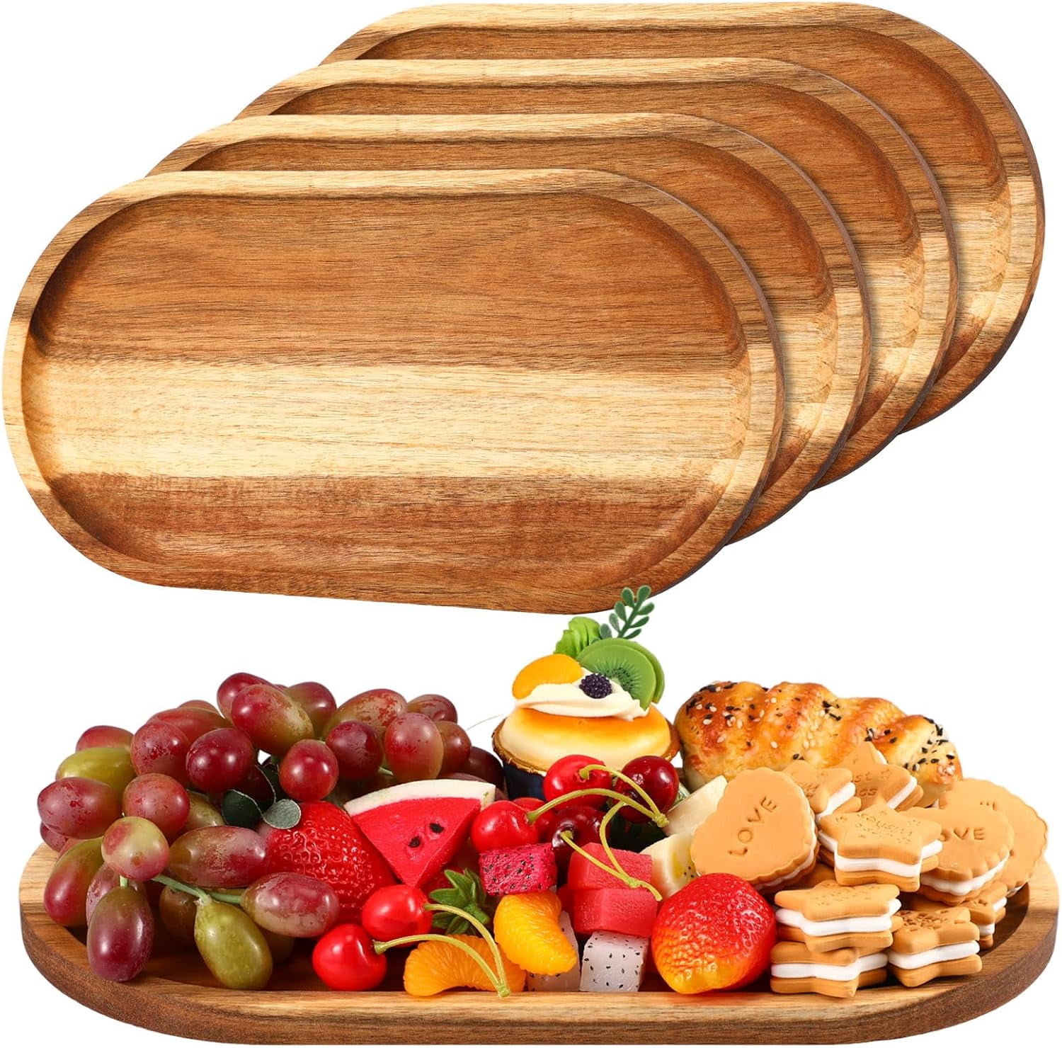 4 Pcs Acacia Wooden Serving Tray Oval Shaped Rustic Wood Plates Large ...