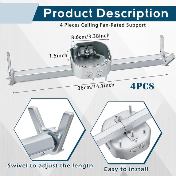 4 Pcs Adjustable Fan Electrical Box Brace 14.2 Inches Long Silver ...
