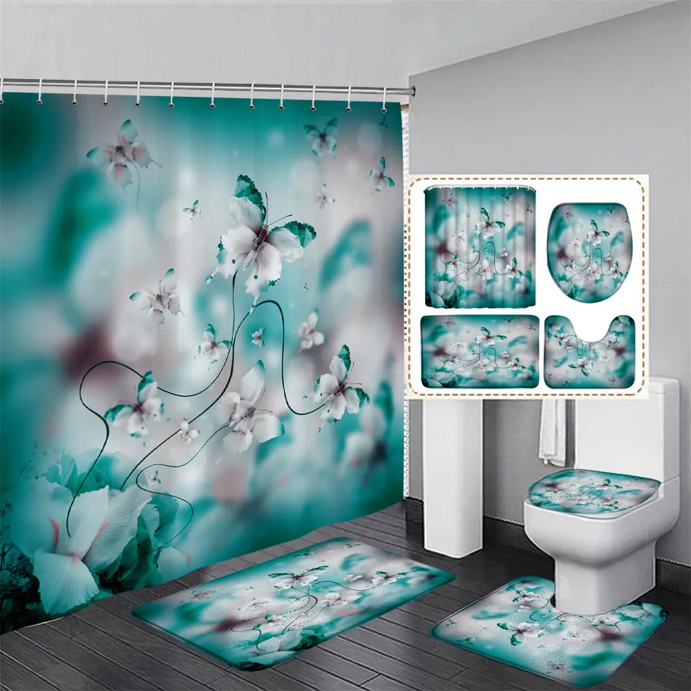 4 Pcs Aesthetic Floral Shower Curtain Set Rose Multi-Color Butterfly ...